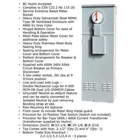 Hydel Ct6 Wsoh Bc 600a Overhead Meter Socket With Breaker