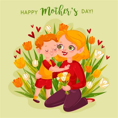 Madre E Hijo Abrazados Rodeados De Flores Vector Gratis