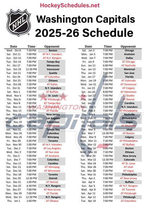 Printable 2025 26 Washington Capitals Schedule Matchups Pdf Format