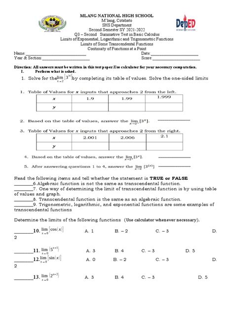 Q3 Basic Calculus 2nd Summatiuve Test Pdf Function Mathematics
