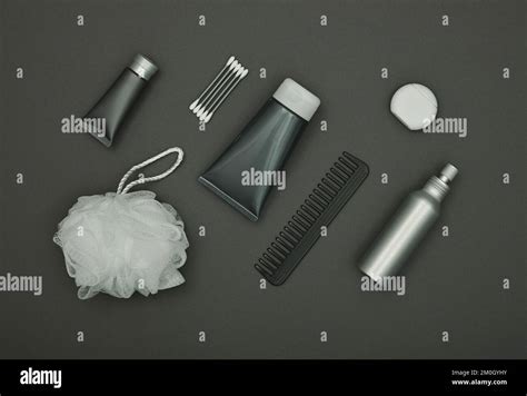 Close Up Flat Lay Of Men Grooming Hygiene Or Beauty Care Products Over Grey Background