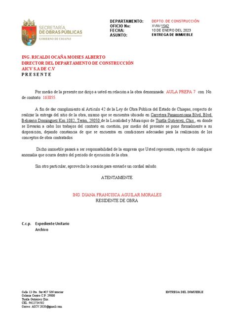 Oficio Entrega De Inmueble Pdf