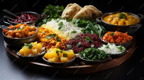 Premium Ai Image Indian Ethnic Food Buffet On White Concrete Table From Above Curry Samosa