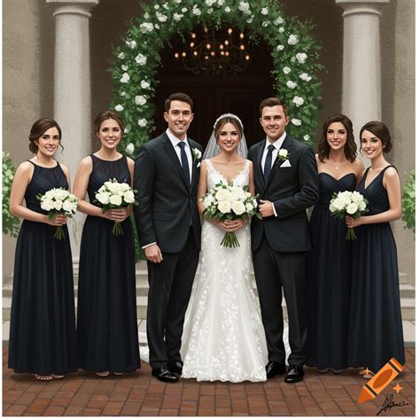 Smiling Wedding Party With Bride Groom Groomsmen In Black Suits And