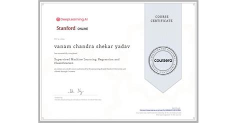 Completion Certificate For Supervised Machine Learning Regression And