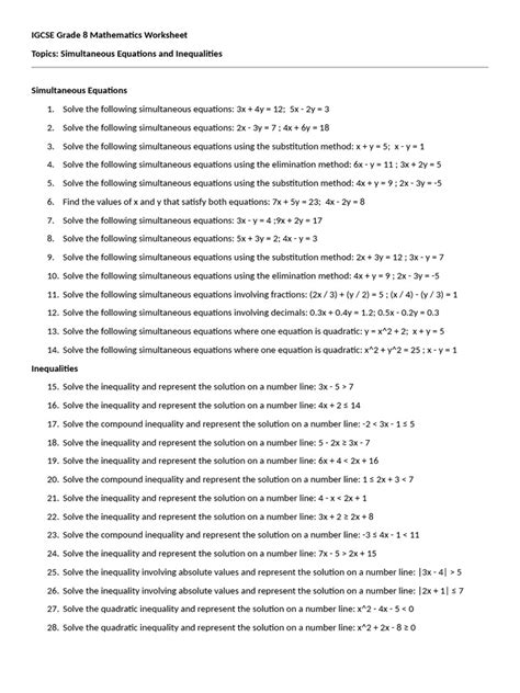Igcse Grade 8 Mathematics Simultanoeus Equation And Inequality Pdf