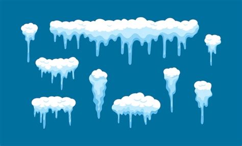 눈 모자 고드름이 있는 테두리 Snowdrifts 컬렉션의 집합입니다 겨울 장식 눈 덮인 요소 파란색 배경에 고립 된