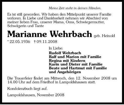 Traueranzeigen Von Marianne Wehrbach Trauerundgedenken De