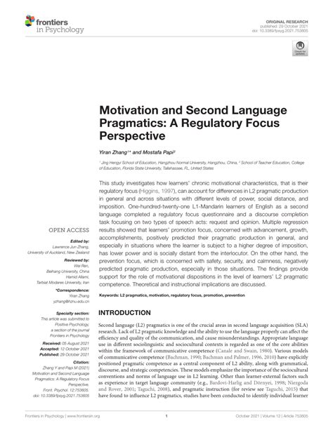 Pdf Motivation And Second Language Pragmatics A Regulatory Focus