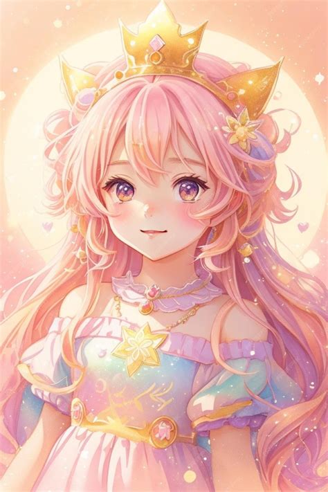 Premium Photo Golden Elegance Illustrating A Cute Anime Princess With A Crown