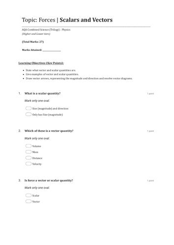 Aqa Gcse Physics Vectors And Scalars Self Assessment Questions And Answers [2023] Teaching