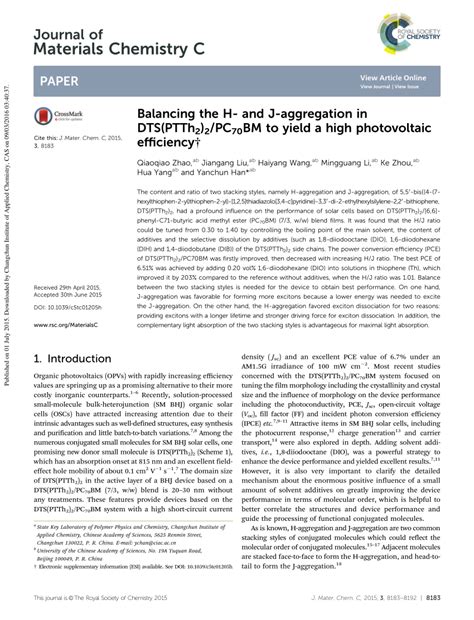 Pdf Balancing The H And J Aggregation In Dts Ptth2 2 Pc70bm To Yield