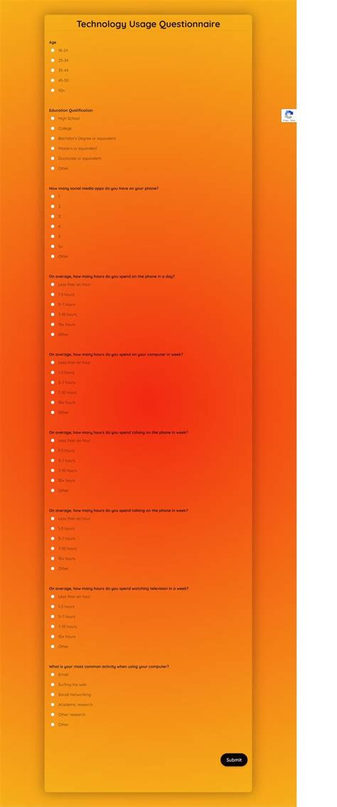 Technology Usage Questionnaire Questionnaire Template Questionnaire