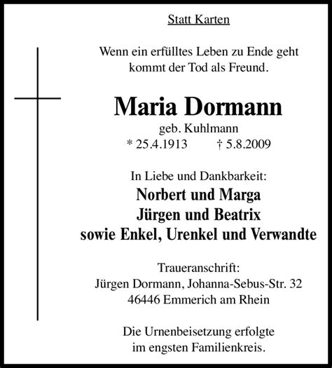 Traueranzeigen Von Maria Dormann Trauer In Nrw De