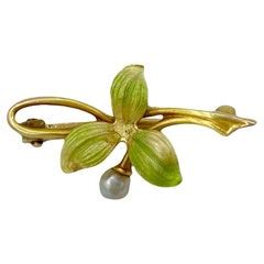 Antique Art Nouveau 14k Gold Matte Enamel Seed Pearl And Leaf Wreath