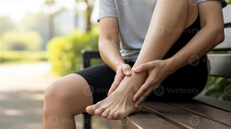 Person Holding Sore Ankle While Sitting On Park Bench Outdoors
