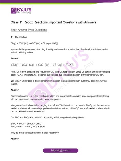 Class 11 Chemistry Chapter 8 Redox Reactions Important Questions With