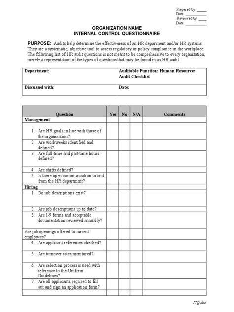Sample Hr Audit Report Template Questionnaire Template Report
