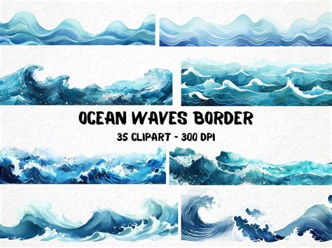 Watercolor Ocean Waves Borders 35 Png Clipart Bundle Diy Graphics Scrapbooking Elements Card