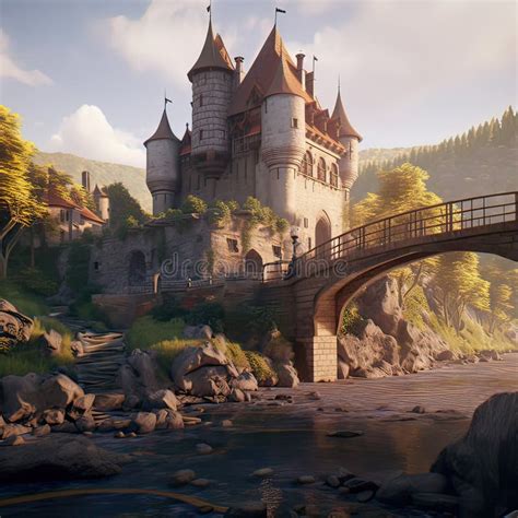 Old Medievalmedieval Castle On The Island And A Bridge Leading Stock