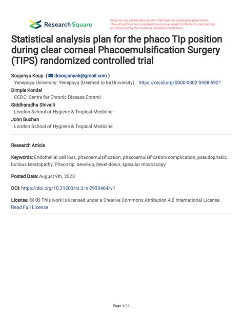 Pdf Statistical Analysis Plan For The Phaco Tip Position During Clear Corneal