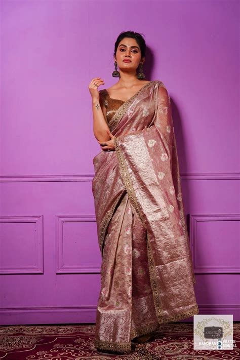 Lilac Designer Crushed Tissue Silk Banarasi Saree Kreationbykj