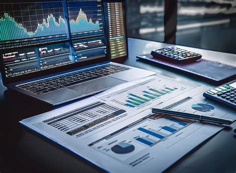 Close Up Of Desk With Financial Charts On Laptop Financial Statement