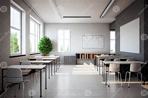 Empty Classroom In Modern School With Clean And Minimalist Furniture And Decor Stock