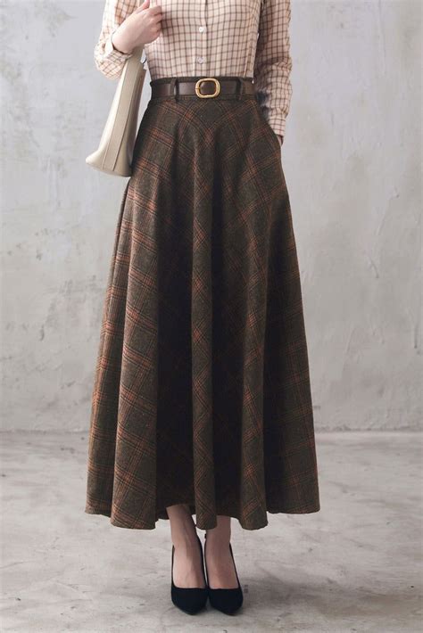 Brown Plaid Wool Maxi Skirt Vintage High Waist Long Skirt With