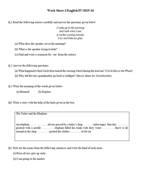 Work Sheet 1 Class 4 English062956 Pdf