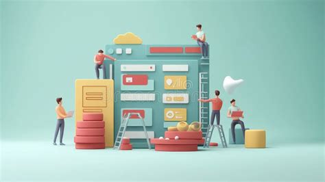 Team Of Tiny Figures Building A Digital Interface In A Playful Scene