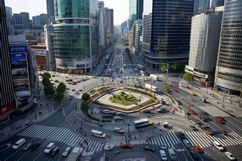 An Intersection With Traffic Going On In A City Background