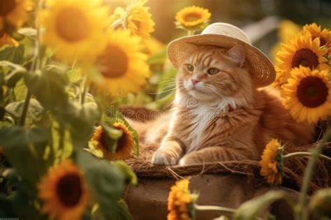Sunny Cat Wearing A Hat Sitting And Looking At Beautiful Sunflowers