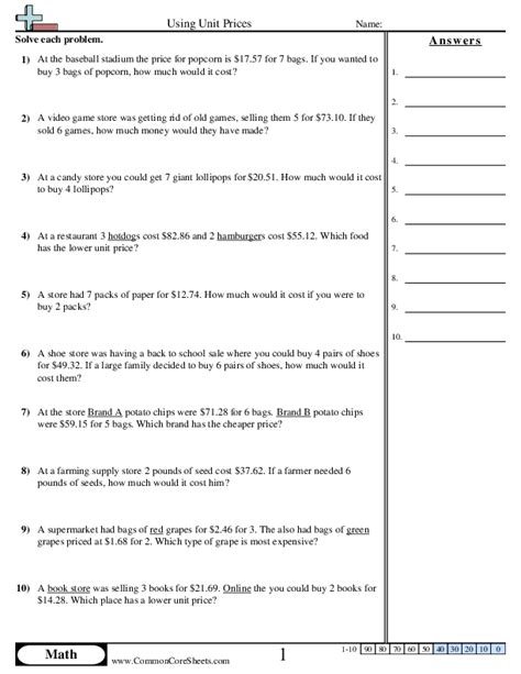 Using Unit Prices Worksheet