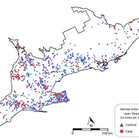 Point Map Of Southern Ontario Indicating Varroa Destructor Counts Above