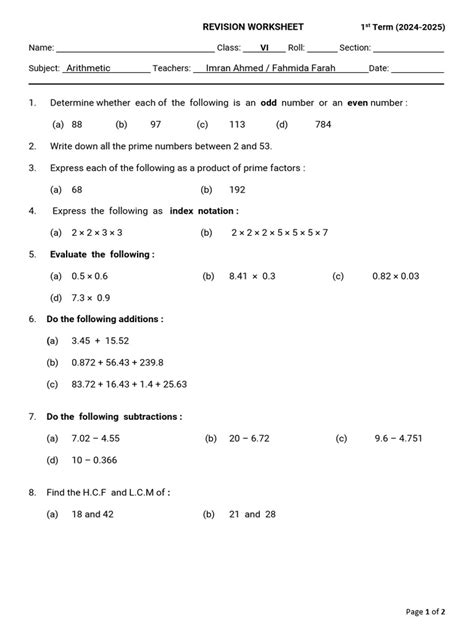 Class Vi Arithmetic Revision Worksheet Pdf