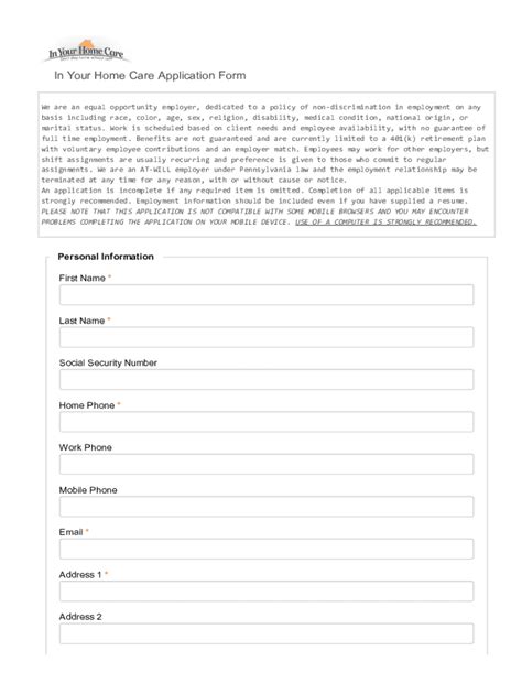 Fillable Online In Your Home Care Application Form Fax Email Print