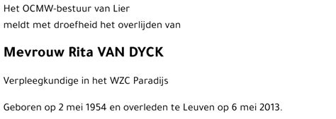 Avis De Décès De Rita Van Dyck Décédé Le 06 05 2013 à Leuven Annonce