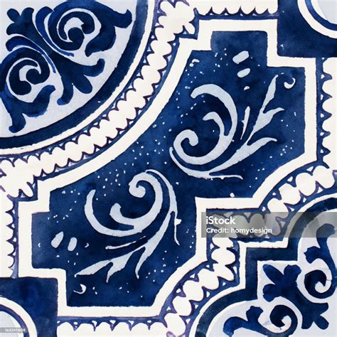 Watercolor Illustration Of Portuguese Ceramic Tiles Pattern Stock