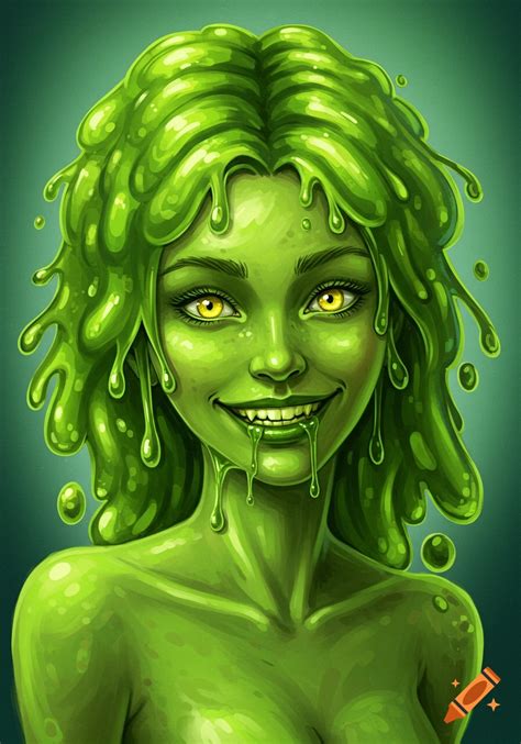 Close Up Illustration Of A Green Skinned Woman With Yellow Eyes Hair