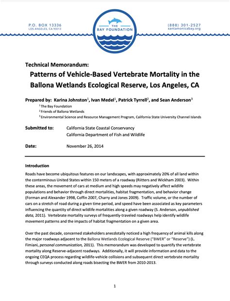 Technical Memorandum Patterns Of Vehicle Based Vertebrate Mortality In