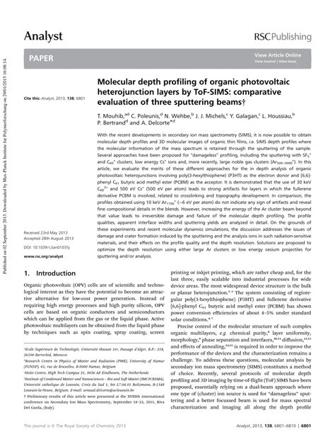 Pdf Molecular Depth Profiling Of Organic Photovoltaic Heterojunction Layers By Tof Sims