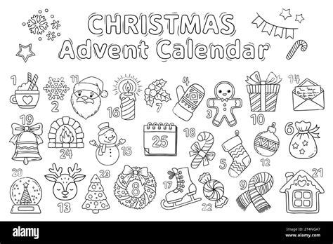 Xmas Coloring Advent Calendar Hand Drawn Vector Poster With Different
