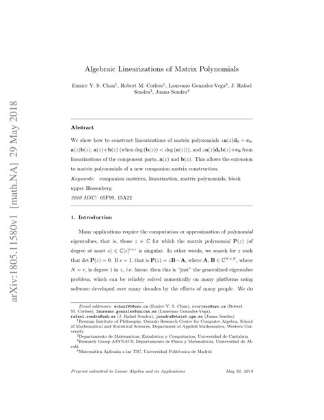 Pdf Algebraic Linearizations Of Matrix Polynomials