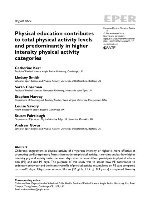 Pdf Physical Education Contributes To Total Physical Activity Levels And Predominantly In