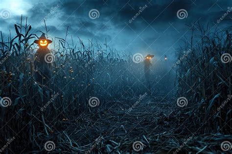 A Haunted Cornfield With Scarecrows And Eerie Lighting Creating A