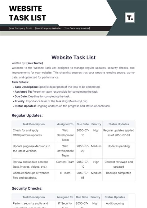 Free Website Task List Template To Edit Online
