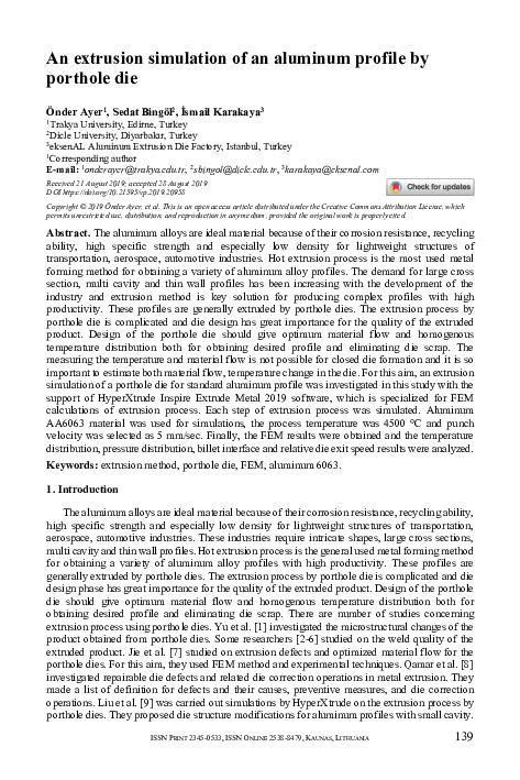 Pdf An Extrusion Simulation Of An Aluminum Profile By Porthole Die