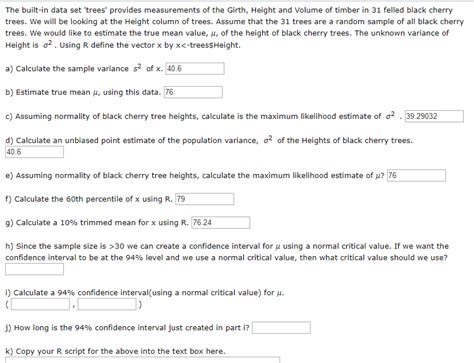Solved The Built In Data Set Trees Provides Measurements Chegg