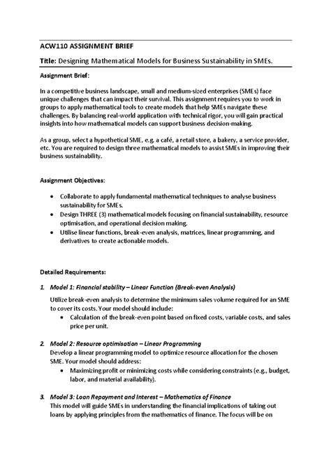 Assigment Math Briefing Acw110 Assignment Brief Title Designing Mathematical Models For